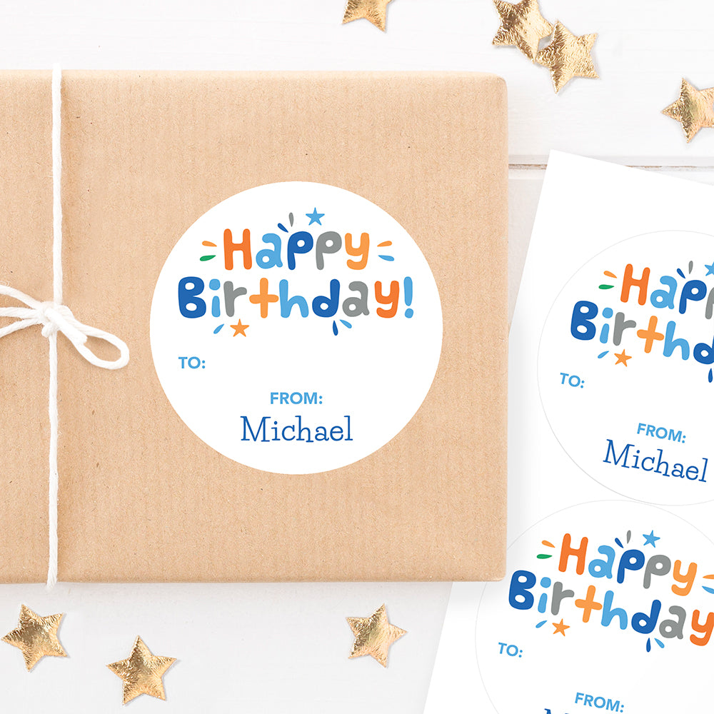 Blue & Orange Fun Personalized Birthday Gift Labels – Chickabug