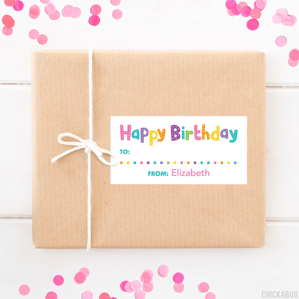 Pink Rainbow Dots Personalized Birthday Gift Labels – Chickabug