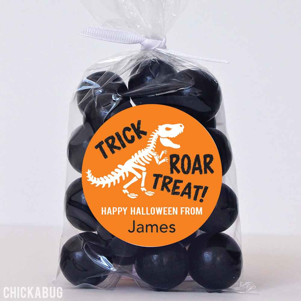 Personalized Dinosaur "Trick ROAR Treat" Halloween Stickers (Orange ...