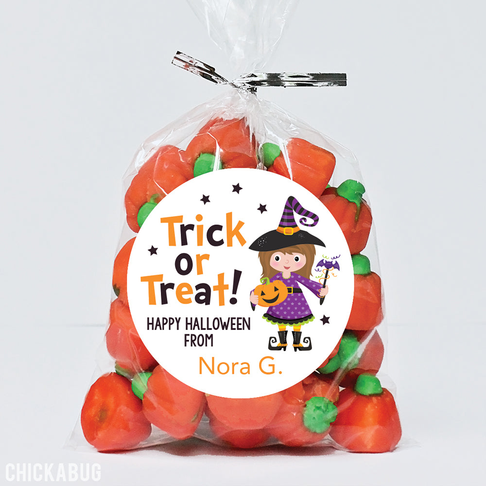 Personalized Cute Witch Halloween Stickers - Brunette – Chickabug