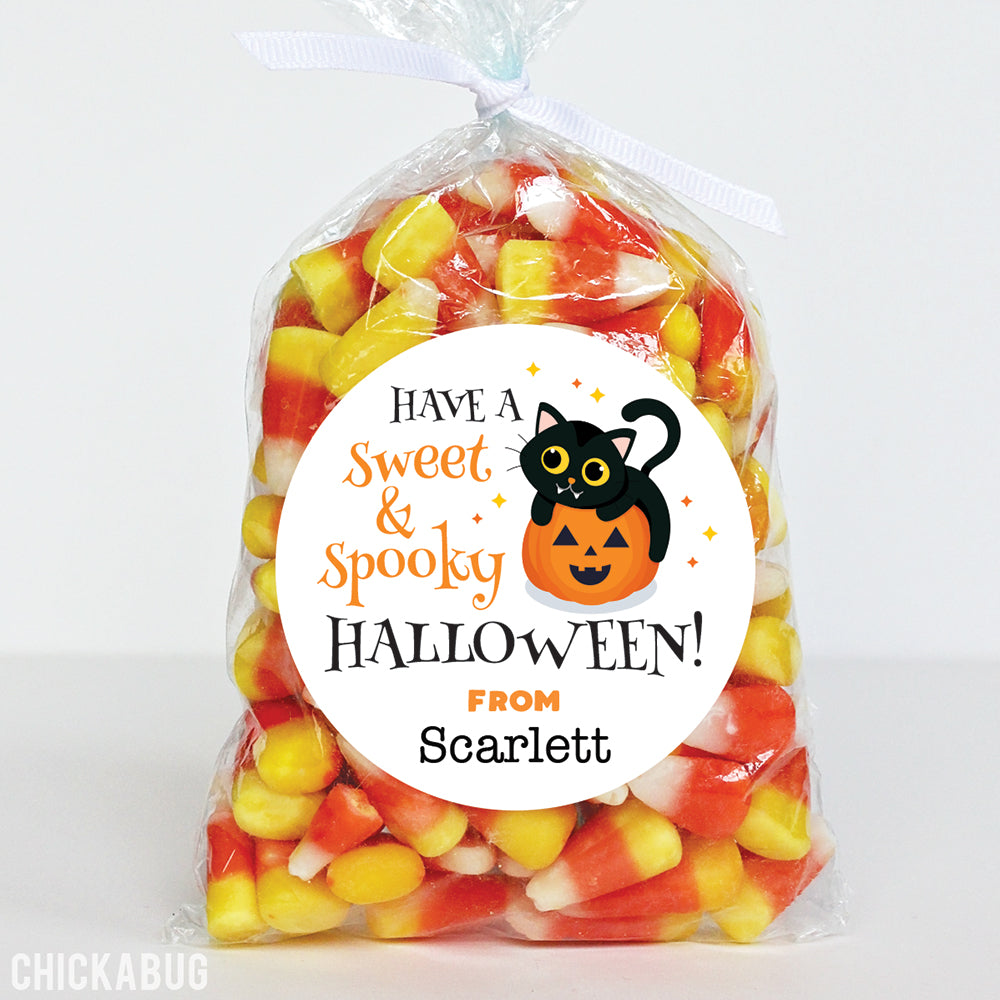 Personalized "Sweet and Spooky Halloween" Black Cat Stickers – Chickabug