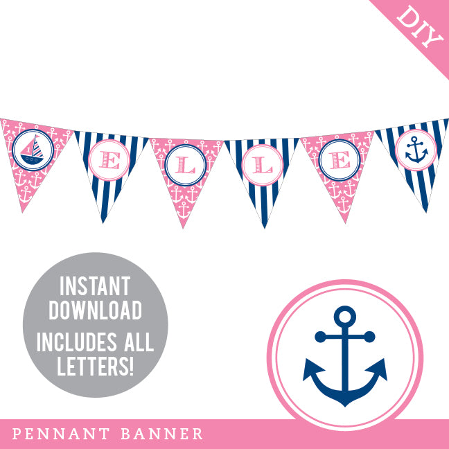 Pink Nautical Party Banner (INSTANT DOWNLOAD) – Chickabug