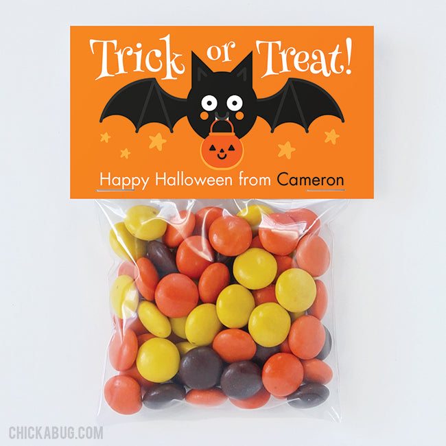 Personalized Cute Orange Bat "Trick or Treat" Halloween Treat Bags ...