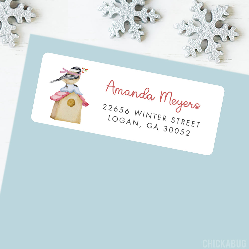 Personalized Winter Chickadee and Birdhouse Return Address Labels ...