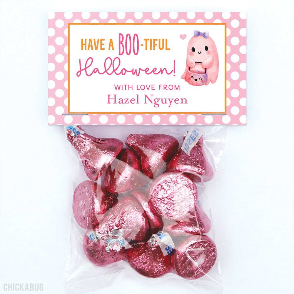 Personalized Pink Ghost "BOO-tiful Halloween" Paper Tags and Bags ...