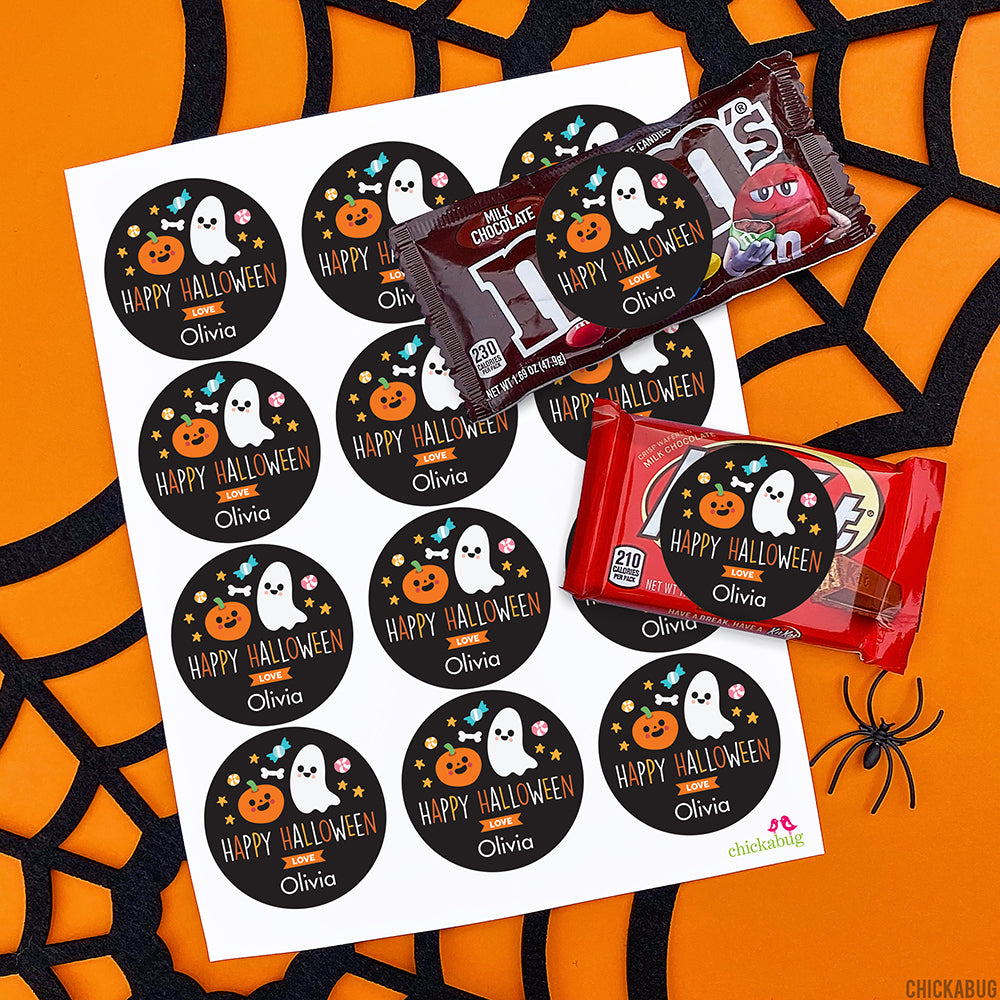 Personalized Pumpkin, Ghost, and Candy Halloween Stickers – Chickabug