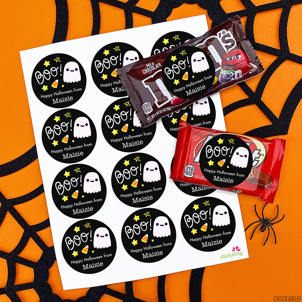 Personalized Cute "Boo!" Ghost Halloween Stickers (Black) – Chickabug
