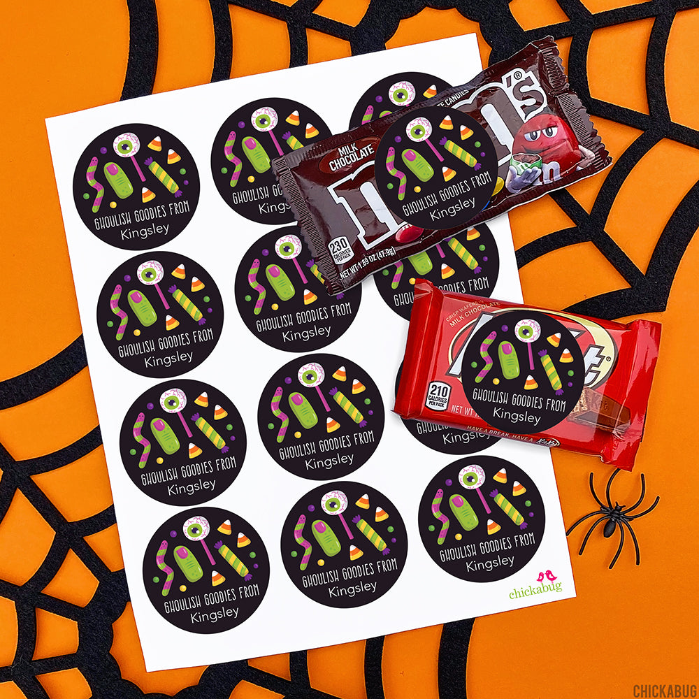 Personalized "Ghoulish Goodies" Spooky Candy Halloween Stickers – Chickabug