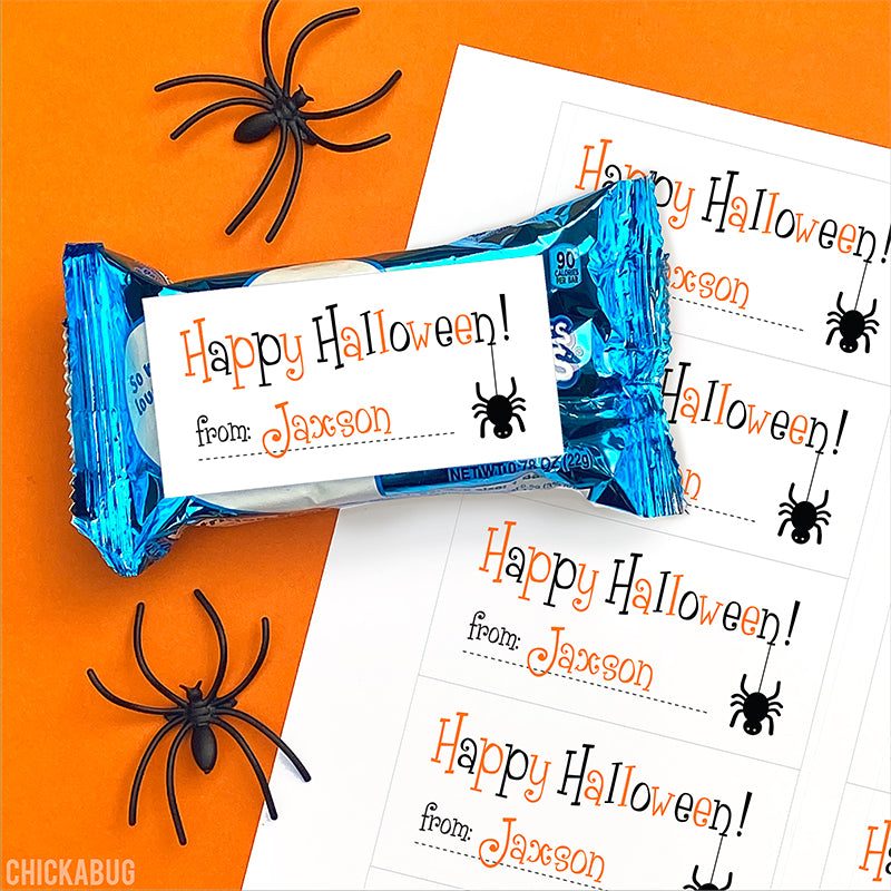 Personalized Dangling Spider Halloween Treat Labels – Chickabug
