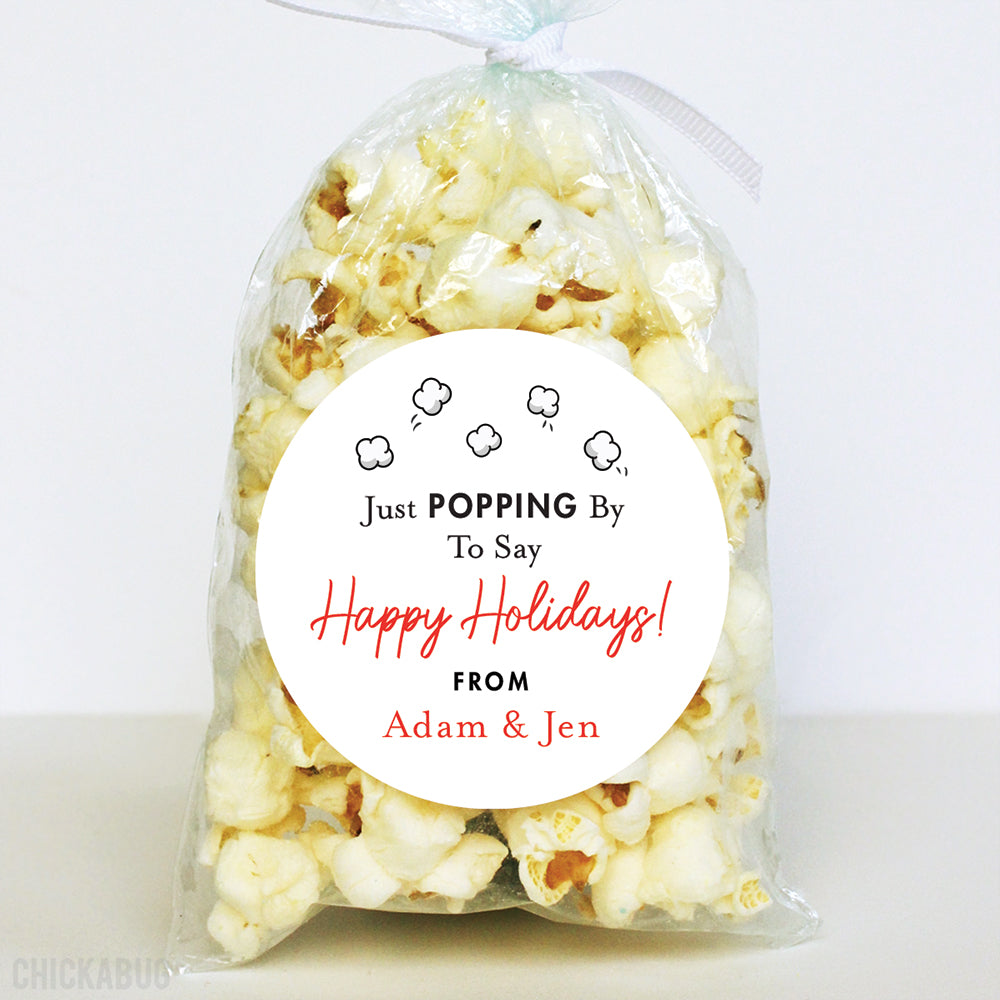 Personalized "Just Popping By" Happy Holidays Popcorn Labels – Chickabug