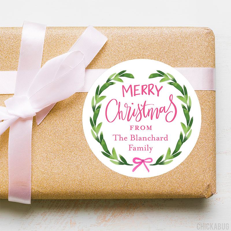 Personalized Watercolor Wreath Pink Christmas Gift Labels – Chickabug