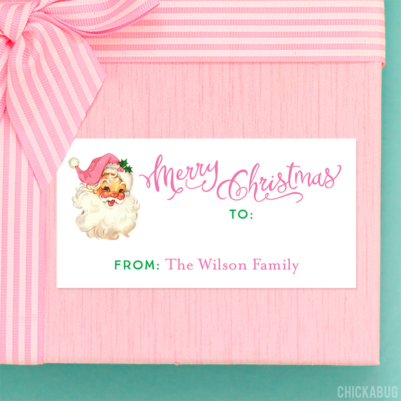 Personalized Pink Vintage Santa Merry Christmas Gift Labels – Chickabug