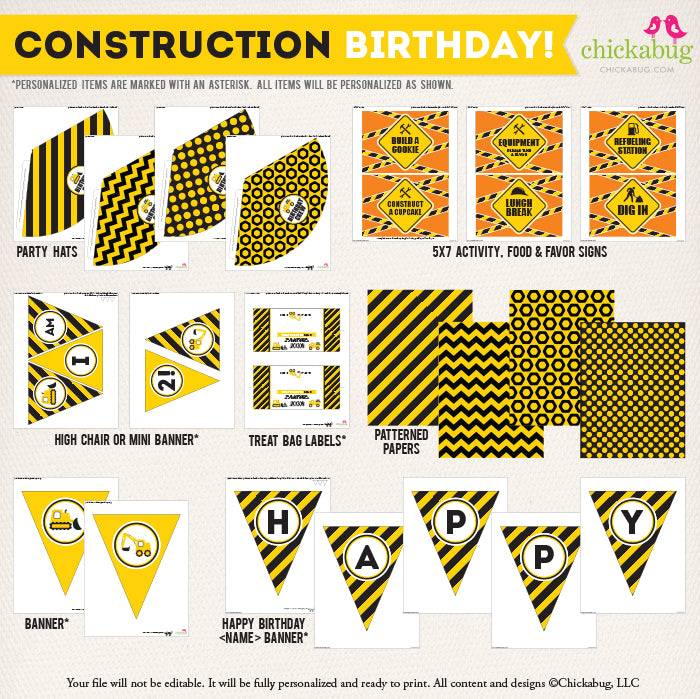 Construction Birthday Party Printable Decor Kit (Digital File) – Chickabug