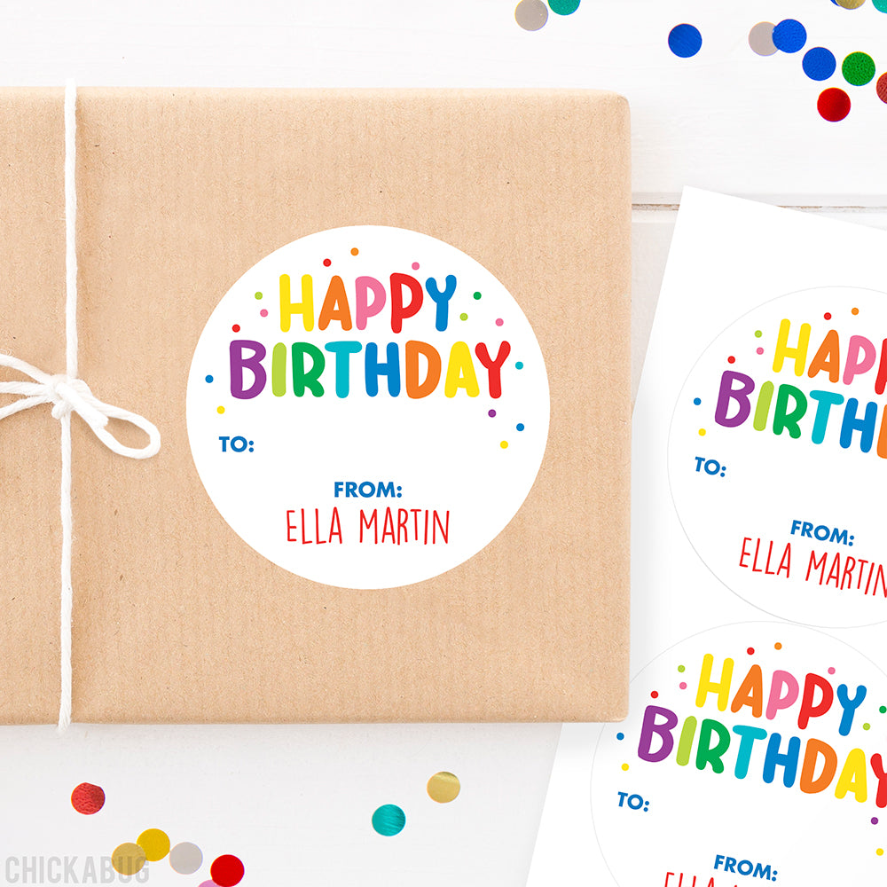 Rainbow Confetti Personalized Birthday Gift Labels – Chickabug