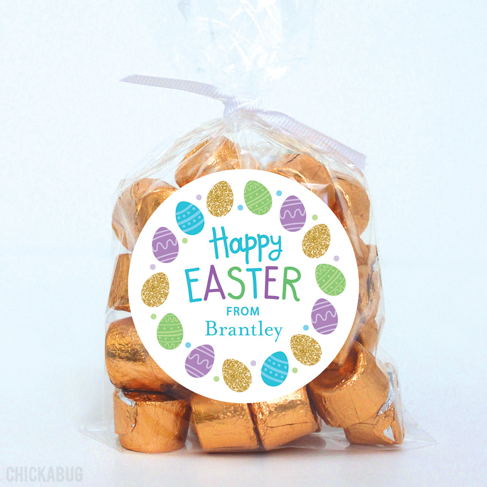 Personalized Blue & Gold Eggs Easter Stickers – Chickabug