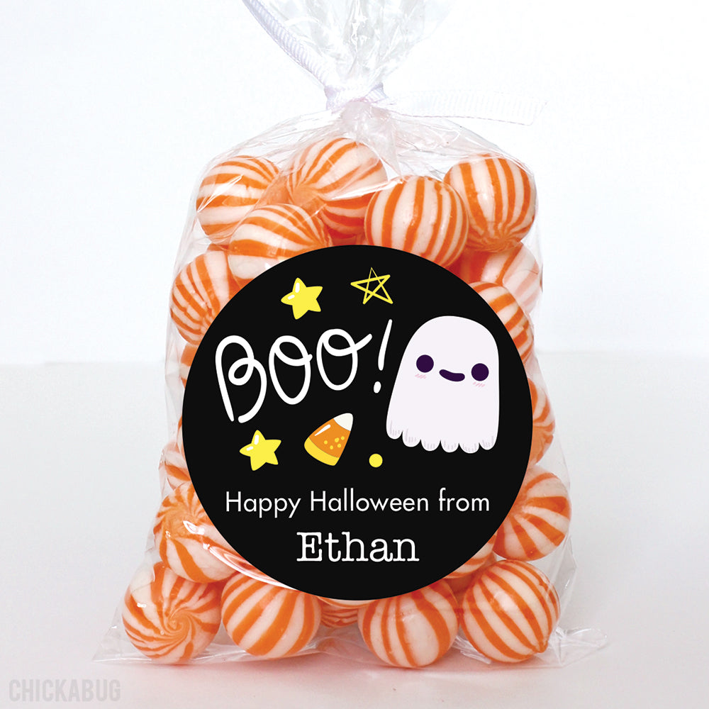 Personalized Cute "Boo!" Ghost Halloween Stickers (Black) – Chickabug