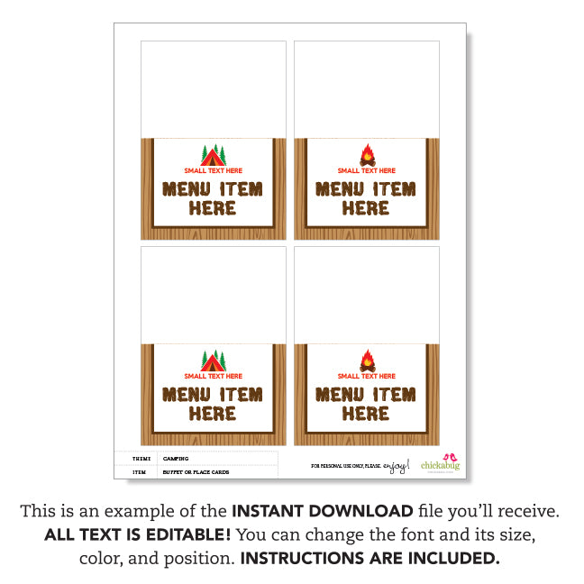 Camping Party Table Tent Cards (EDITABLE INSTANT DOWNLOAD) – Chickabug