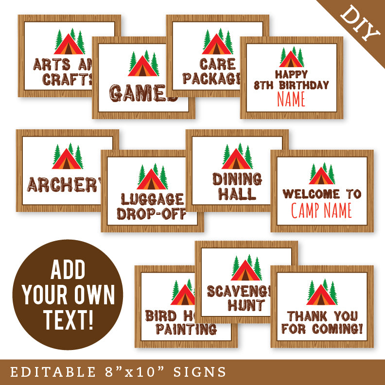 Camping Party Party Signs (EDITABLE INSTANT DOWNLOAD) – Chickabug