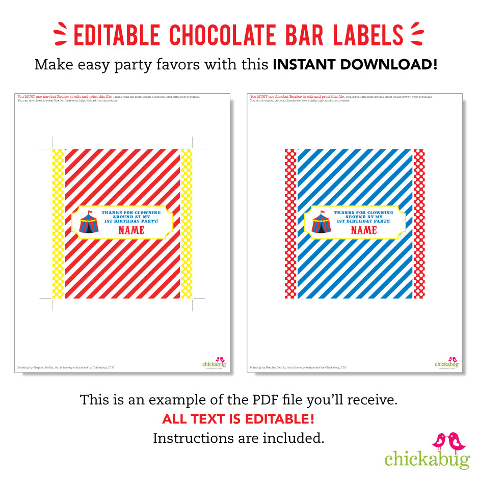 Carnival Party Chocolate Bar Labels (EDITABLE INSTANT DOWNLOAD) – Chickabug