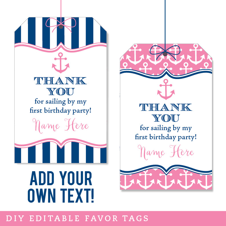 Pink Nautical Party Favor Tags (EDITABLE INSTANT DOWNLOAD) – Chickabug