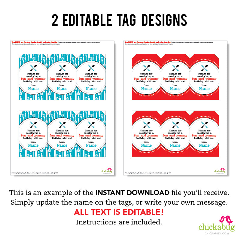 Cooking Party Favor Tags (EDITABLE INSTANT DOWNLOAD) – Chickabug