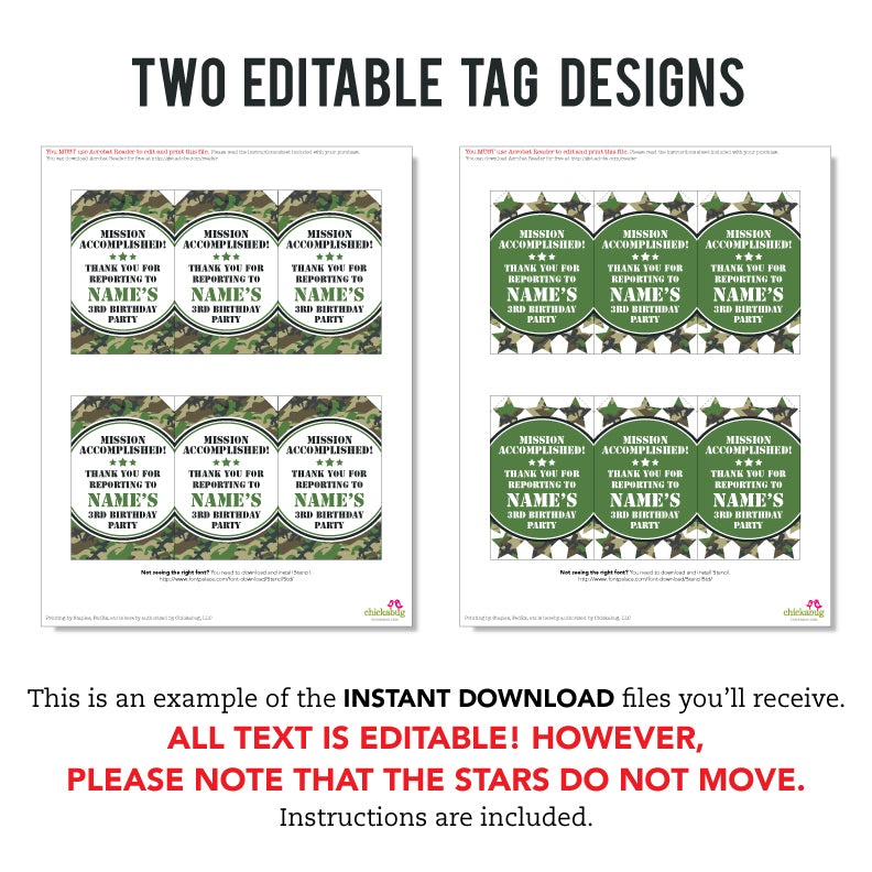 Army Party Favor Tags (EDITABLE INSTANT DOWNLOAD) – Chickabug