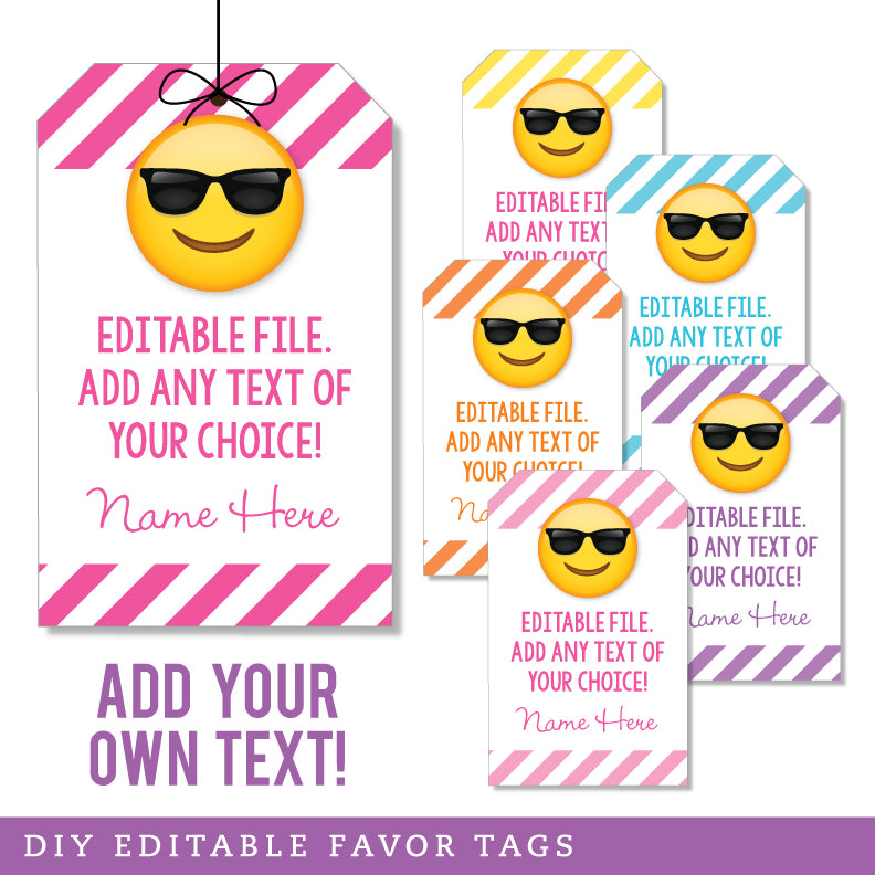 Sunglasses Emoji Favor Tags, Pink Variety (EDITABLE INSTANT DOWNLOAD ...