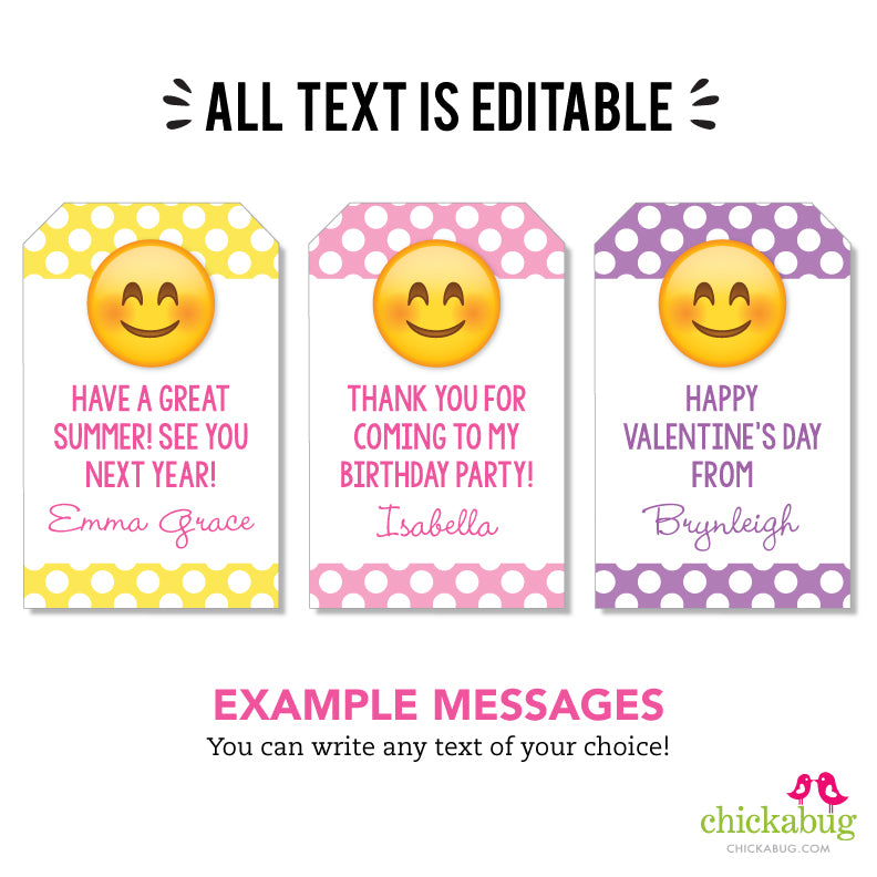 Smile Emoji Favor Tags, Pink Variety (EDITABLE INSTANT DOWNLOAD ...