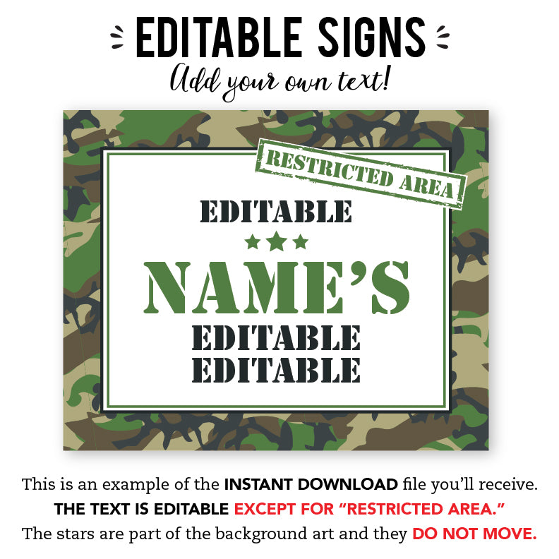 Army Party Signs (EDITABLE INSTANT DOWNLOAD) – Chickabug