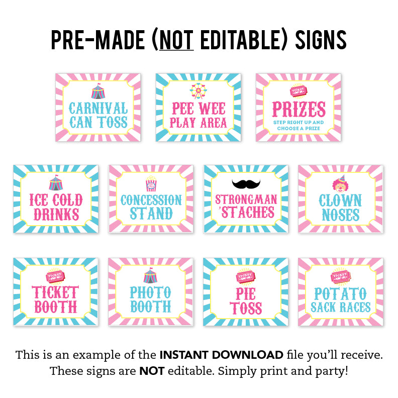 Pink Carnival Party Signs (EDITABLE INSTANT DOWNLOAD) – Chickabug