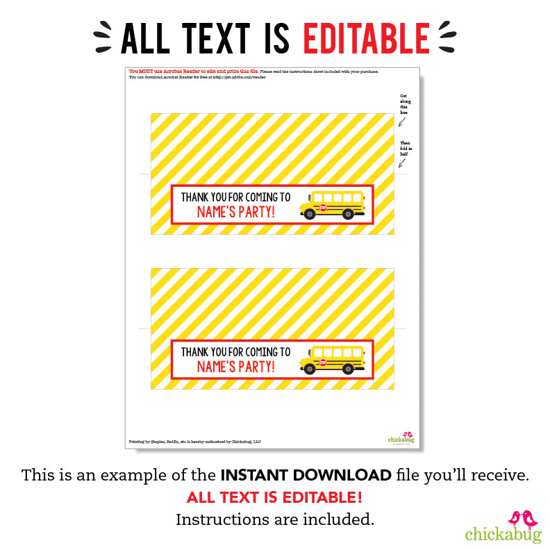 School Bus Party Treat Bag Labels (EDITABLE INSTANT DOWNLOAD) – Chickabug