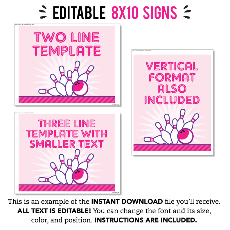 Pink Bowling Party Signs (EDITABLE INSTANT DOWNLOAD) – Chickabug