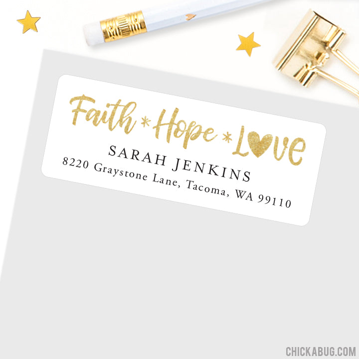 Personalized "Faith Hope Love" Return Address Labels - Gold – Chickabug
