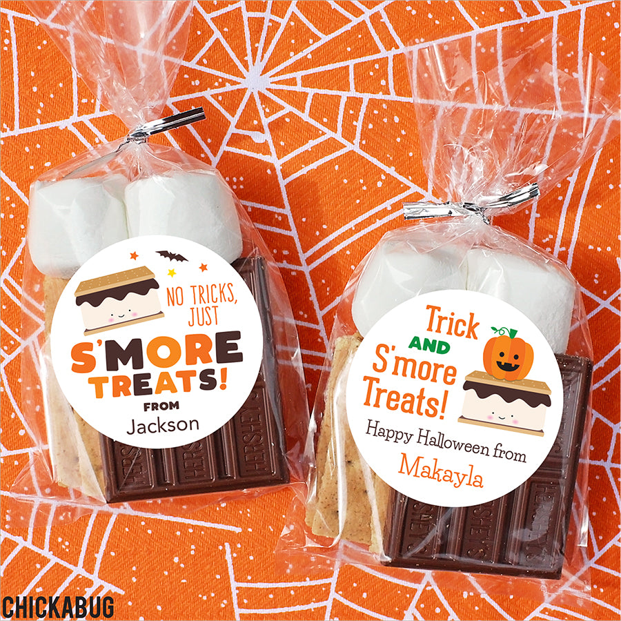 Personalized "No Tricks, Just S'More Treats" Halloween Stickers – Chickabug