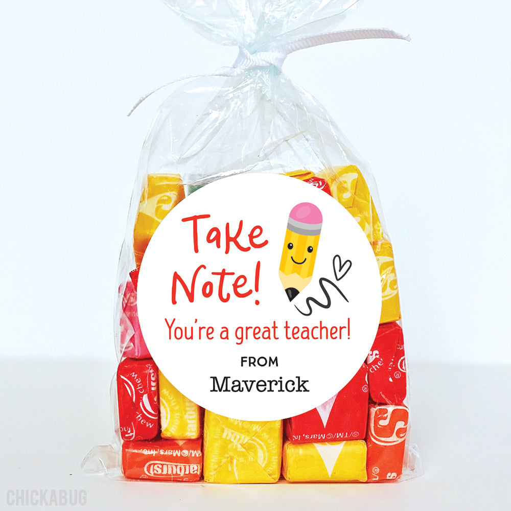 Personalized Cute Pencil "Take Note!" Teacher Appreciation Stickers ...