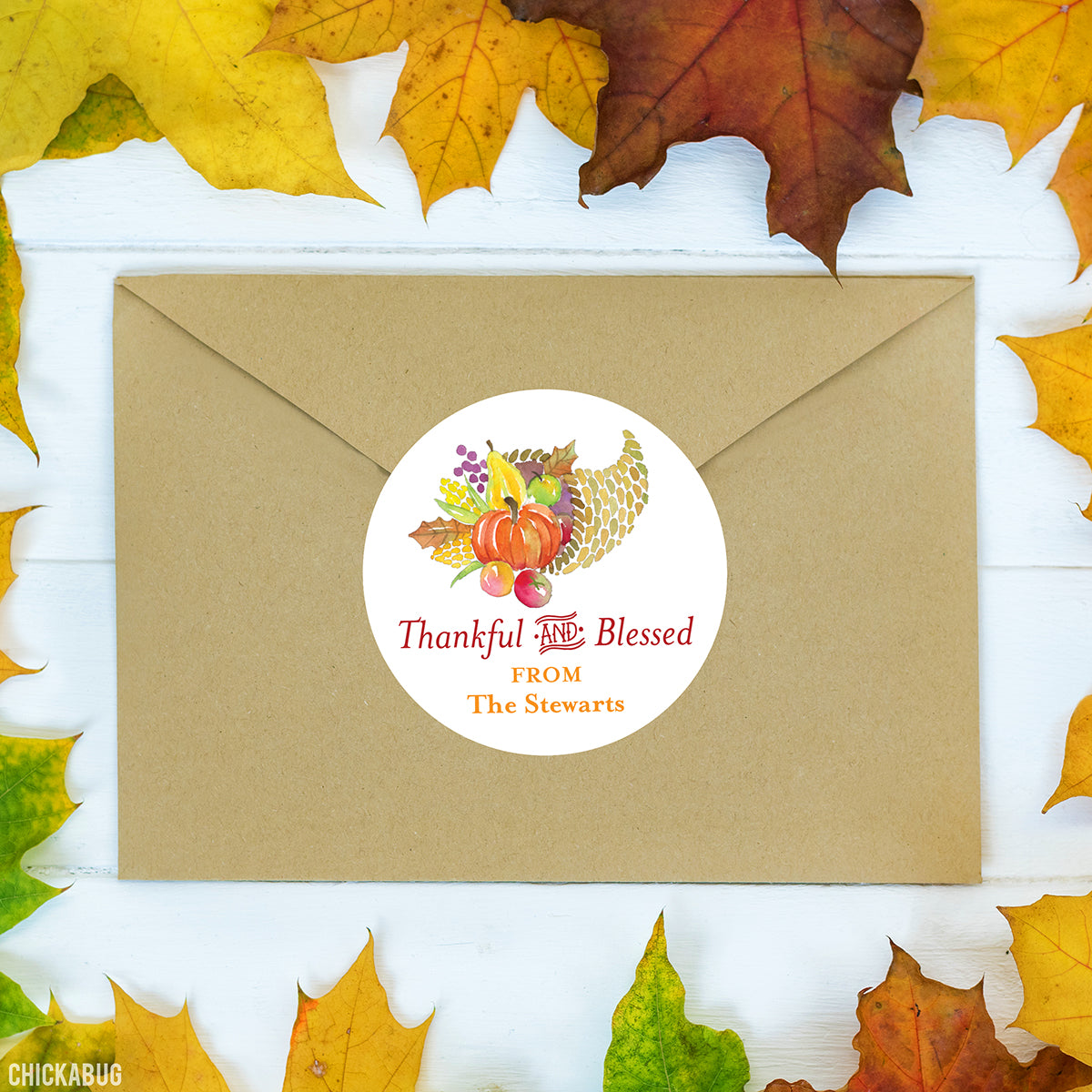 Personalized "Thankful and Blessed" Fall Cornucopia Stickers – Chickabug