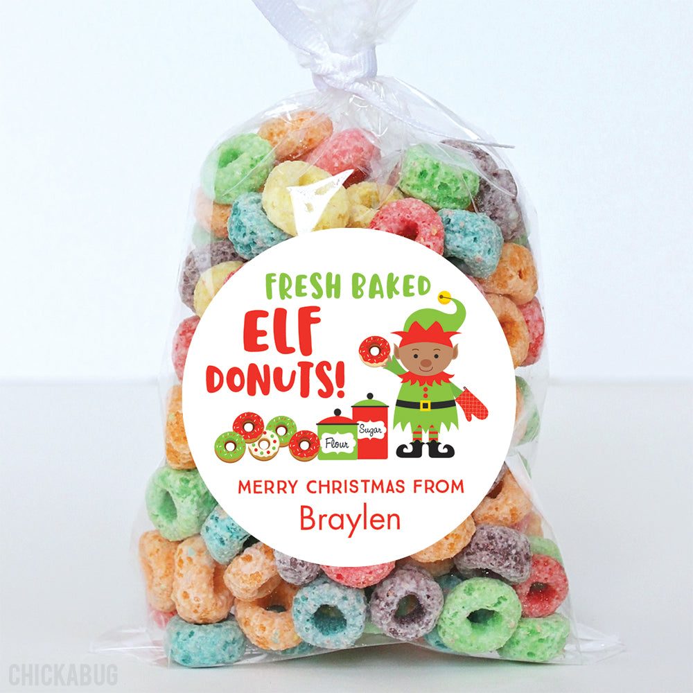 Elf Donuts Personalized Christmas Labels - African-American Elf – Chickabug