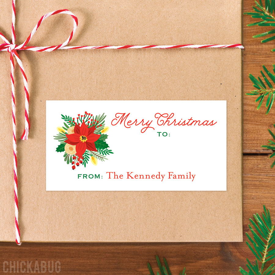 Personalized Poinsettia Floral Peel-and-Stick Christmas Gift Labels ...