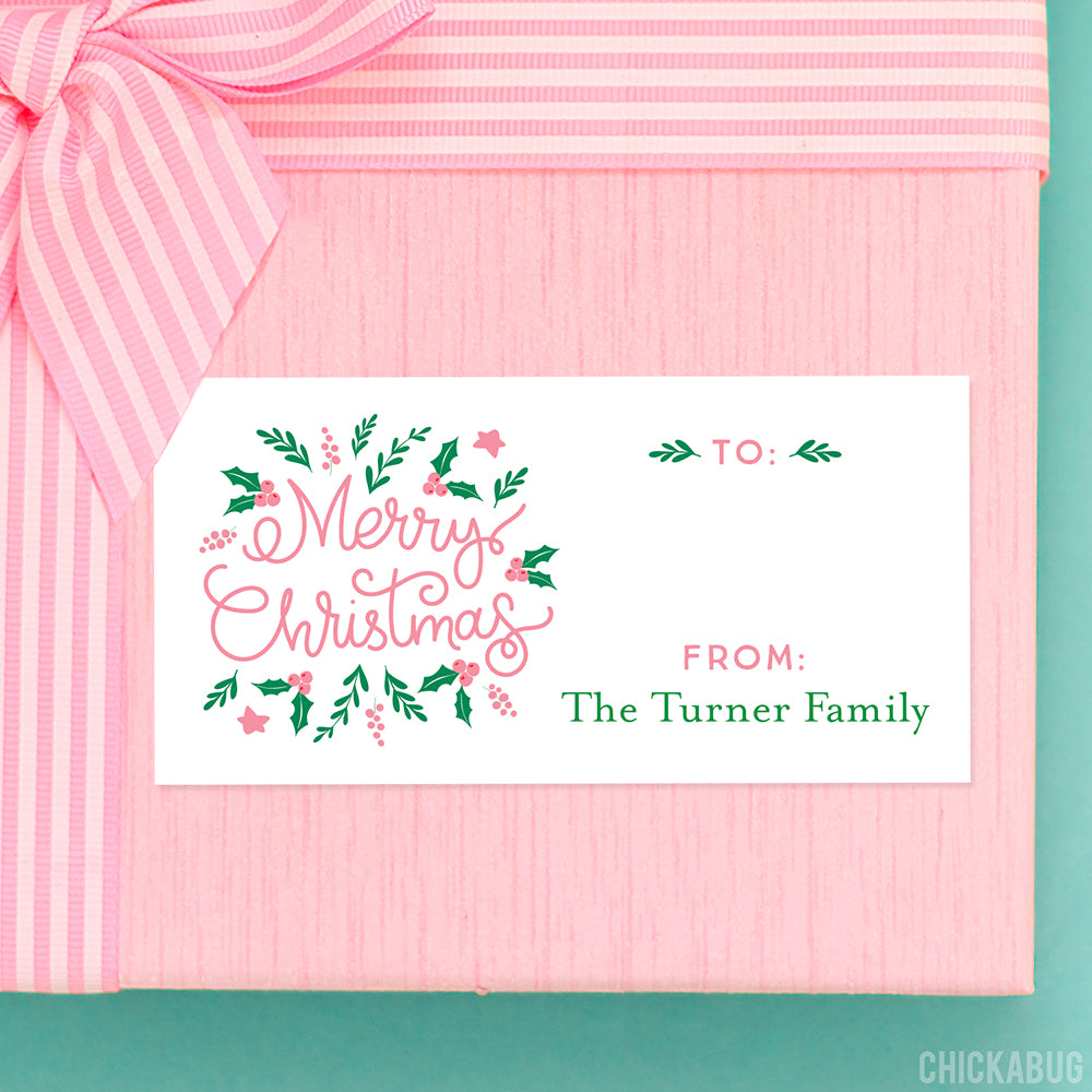 Personalized Handwritten Pink Holly "Merry Christmas" Gift Labels ...
