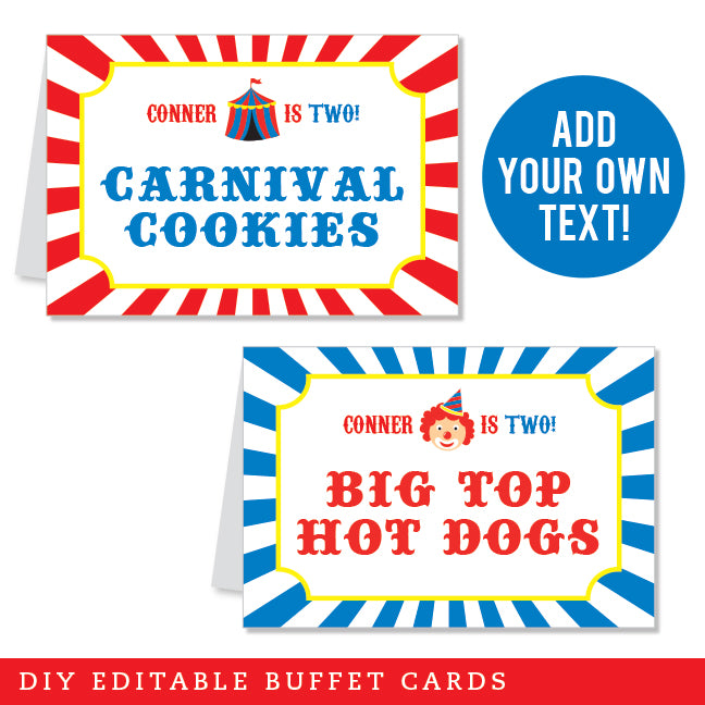Carnival Party Table Tent Cards (EDITABLE INSTANT DOWNLOAD) – Chickabug