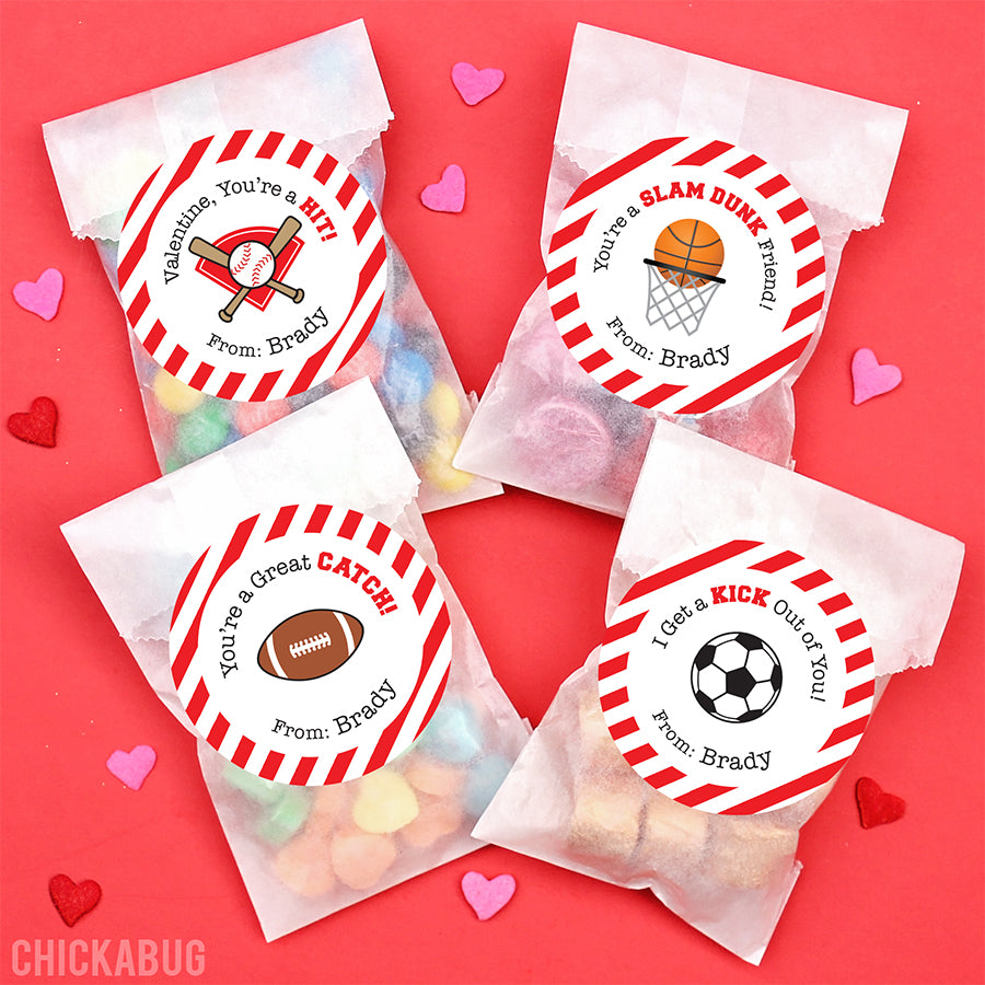 Personalized Sports Valentine's Day Stickers - Basketball Baseball ...
