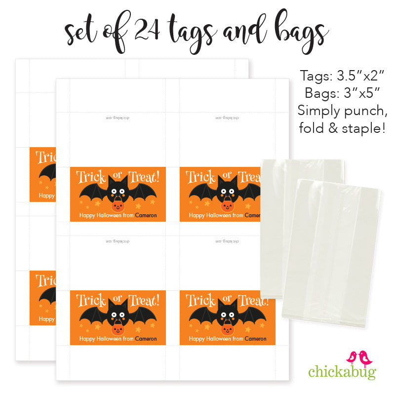 Personalized Cute Orange Bat "Trick or Treat" Halloween Treat Bags ...